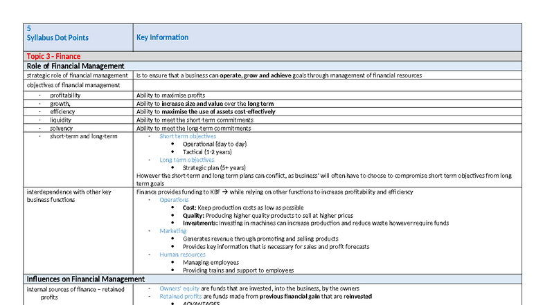 Finance Syllabus Summary Table: Key Points on Financial Management ...