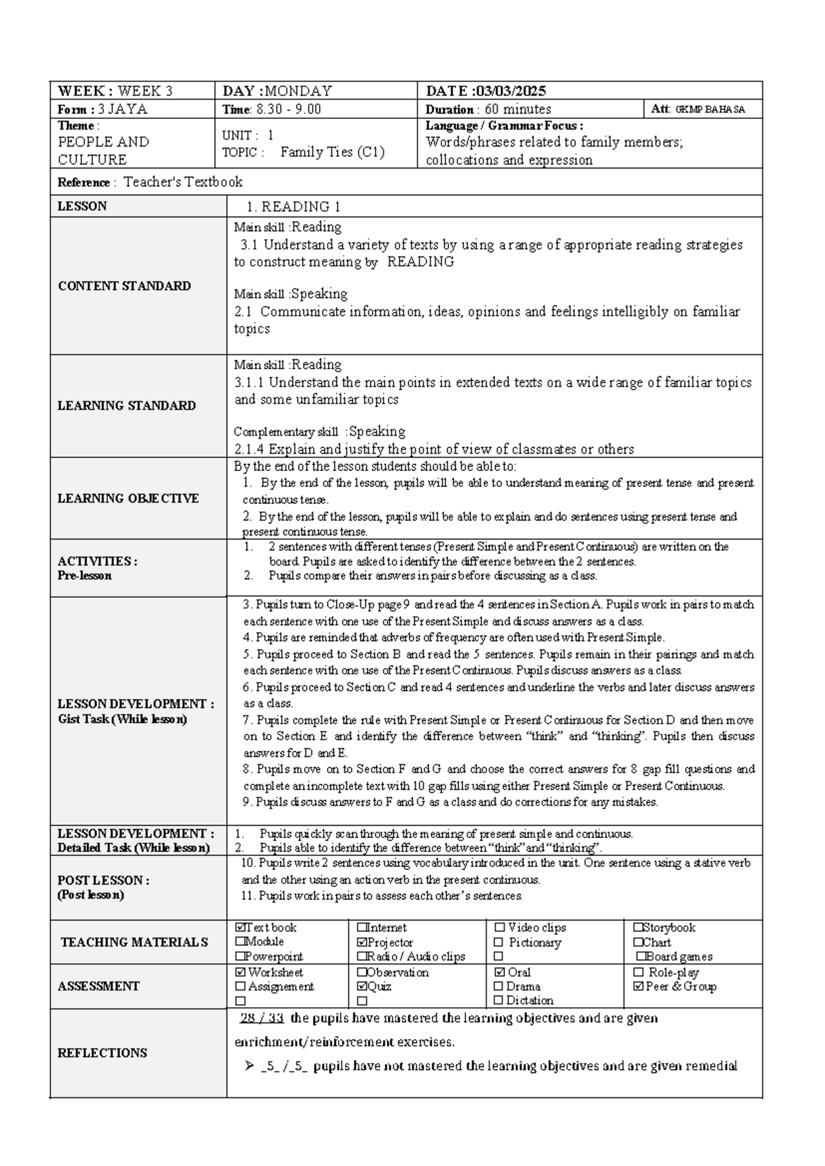 W3: Form 3 Lesson Plan on Family Ties (C1) - Mock Teaching Guide - Studocu