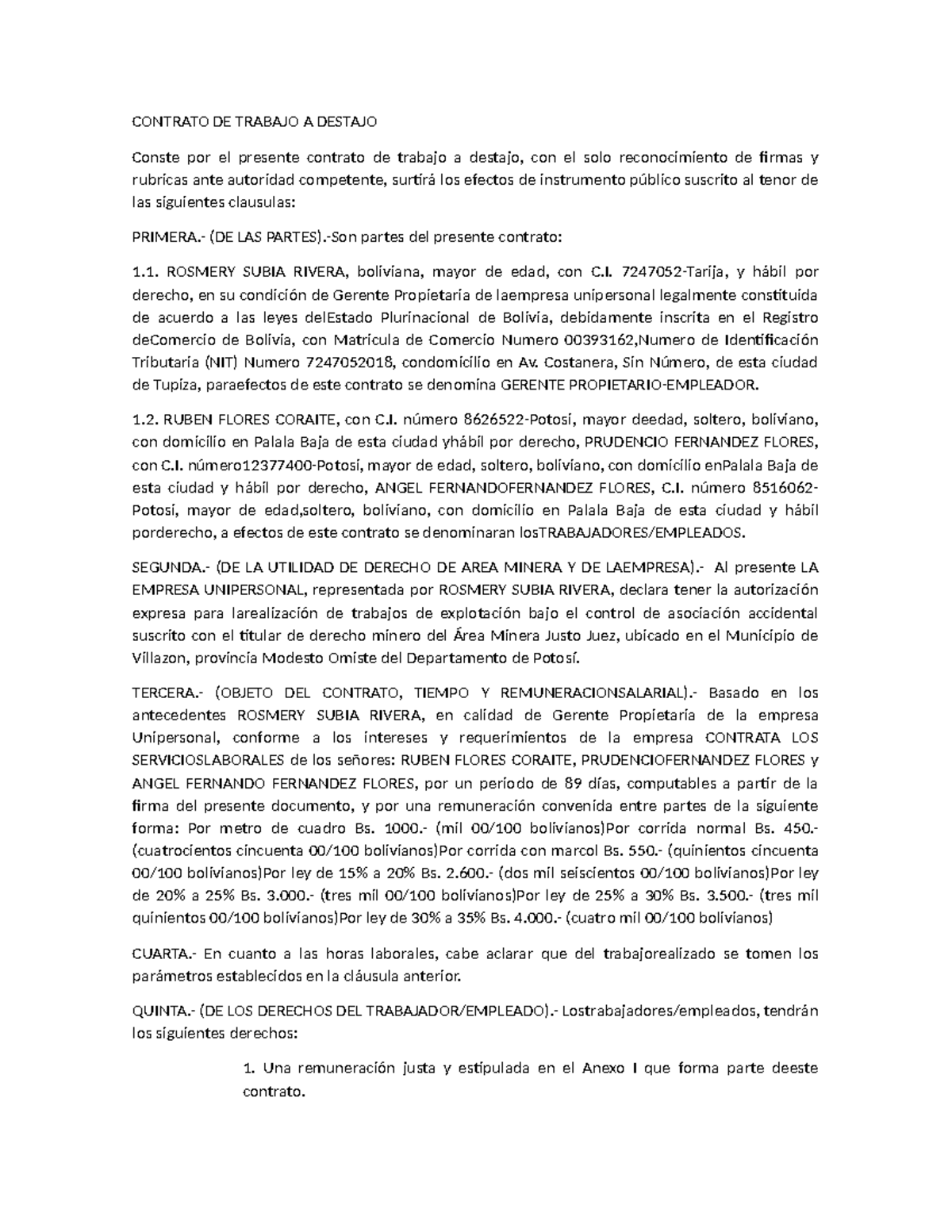 Contrato de Trabajo a Destajo - ROSMERY SUBIA RIVERA - Studocu