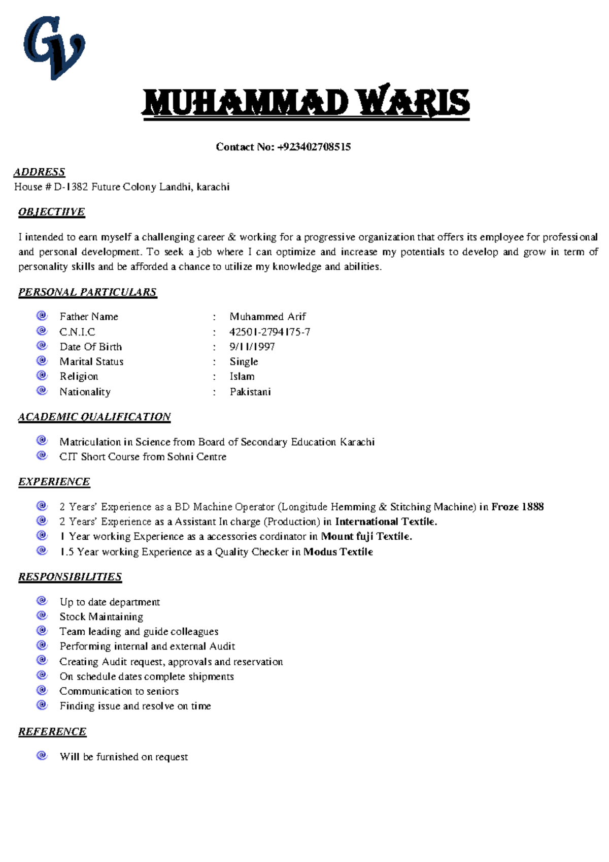 Waris CV - Professional Profile and Experience Overview - Studocu