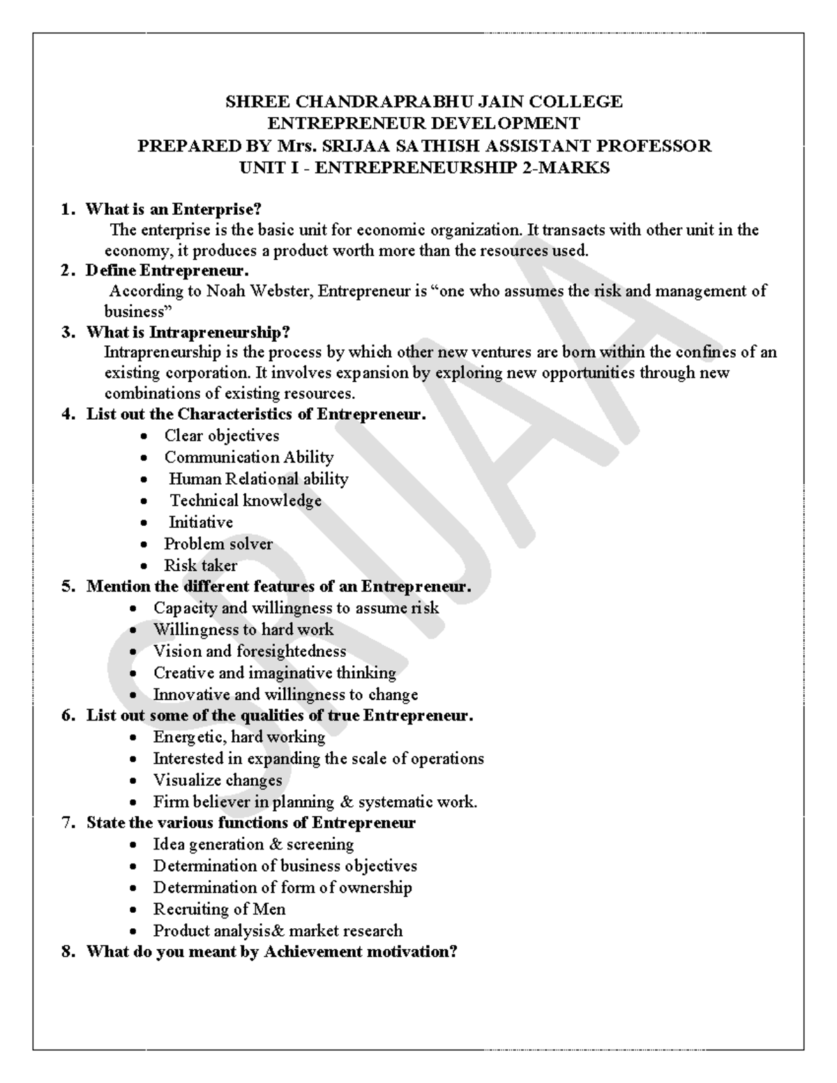 Unit 1 - Entrepreneurship Development: Question Bank & Key Concepts ...