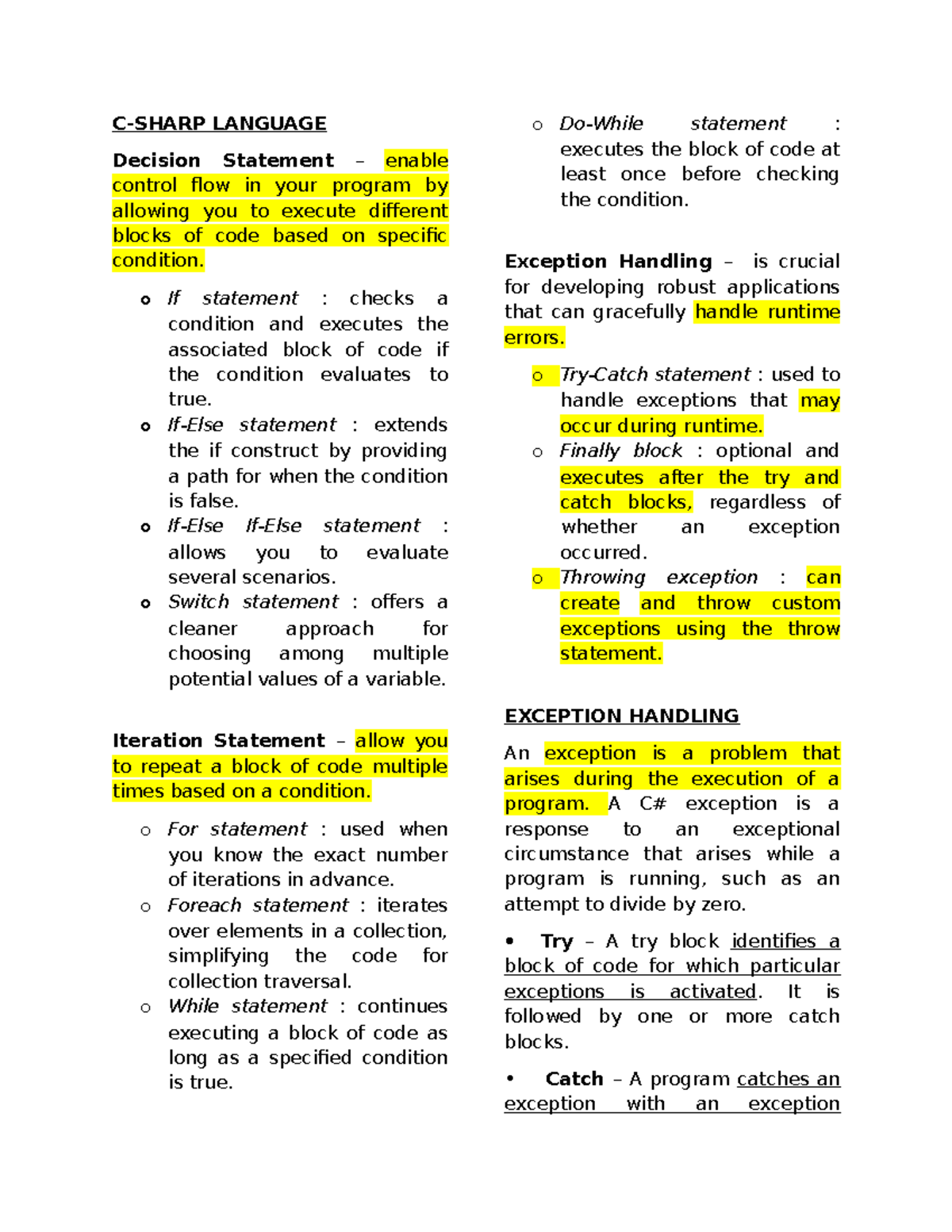 C# Programming Concepts & Exception Handling - Itrackc 2 Reviewer - Studocu