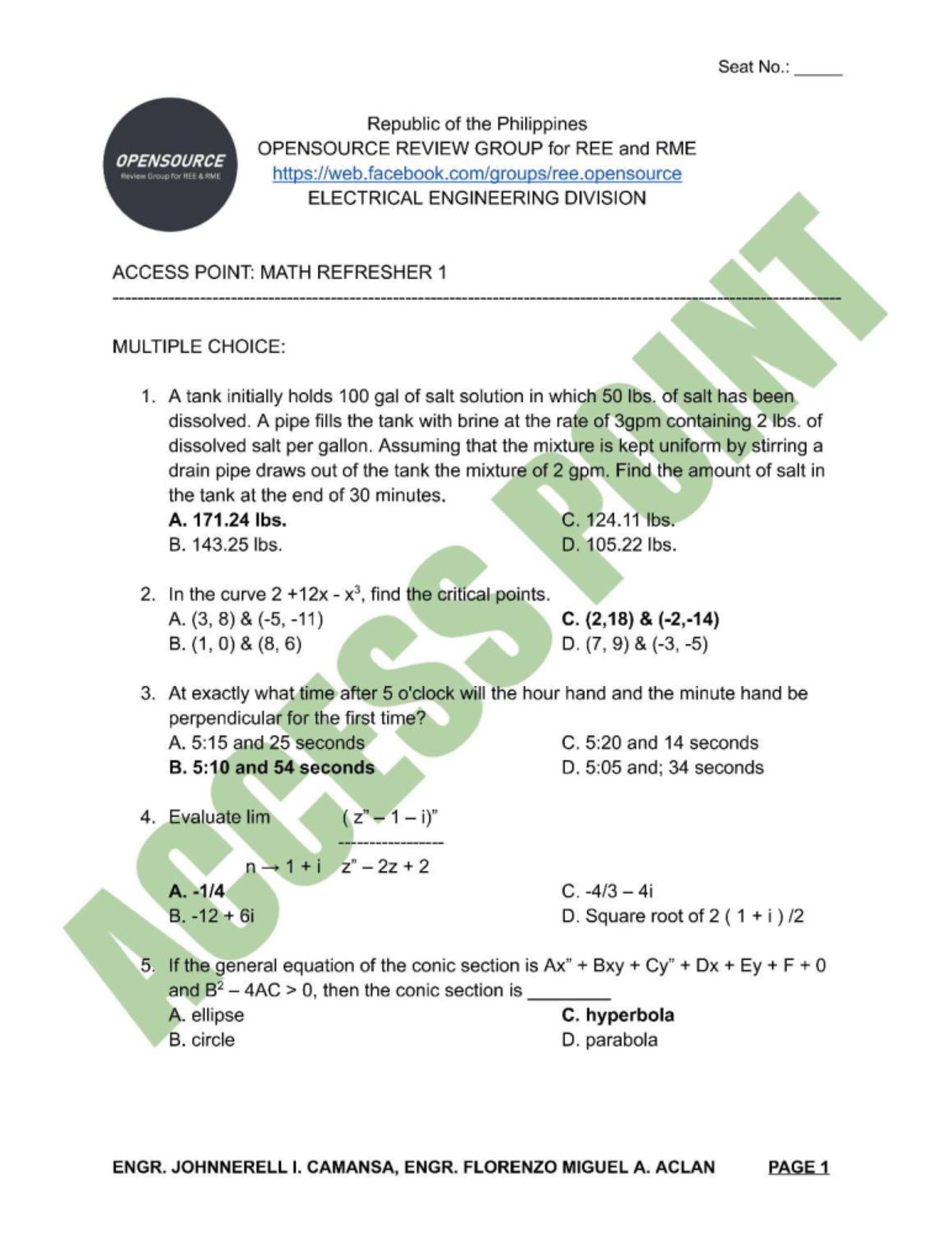 MATH Refresher 1: Multiple Choice Questions for REE RME Exam - Studocu