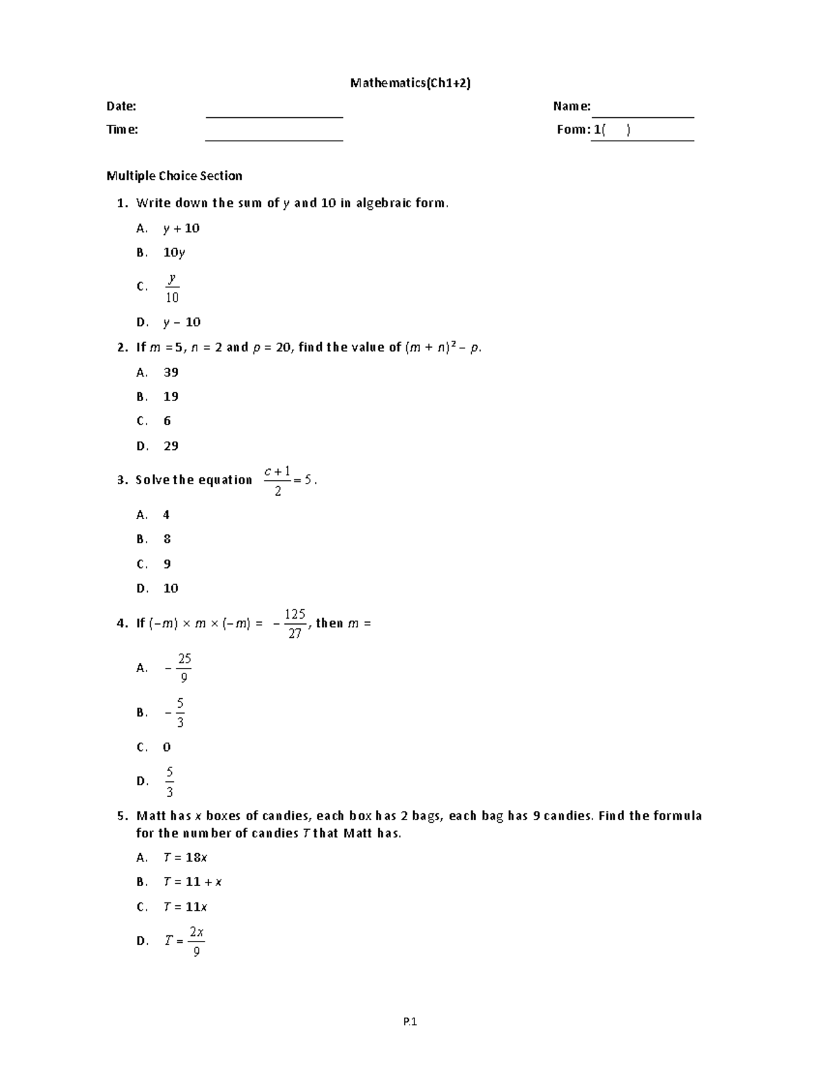 F1-Maths-5: Algebraic Expressions & Equations Practice Test - Studocu