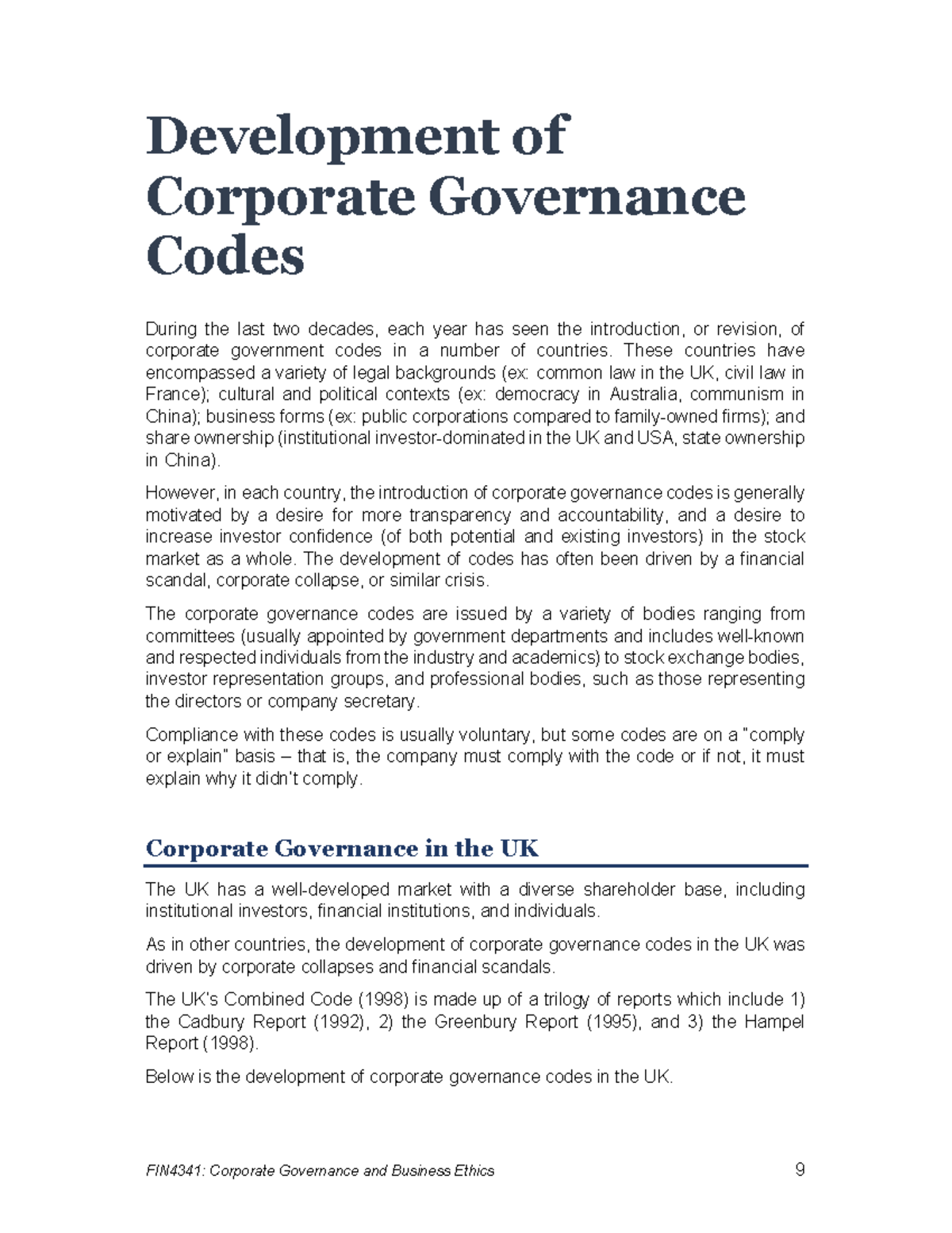 FIN 4341 - Development of Corporate Governance Codes - Development of Corporate Governance Codes ...