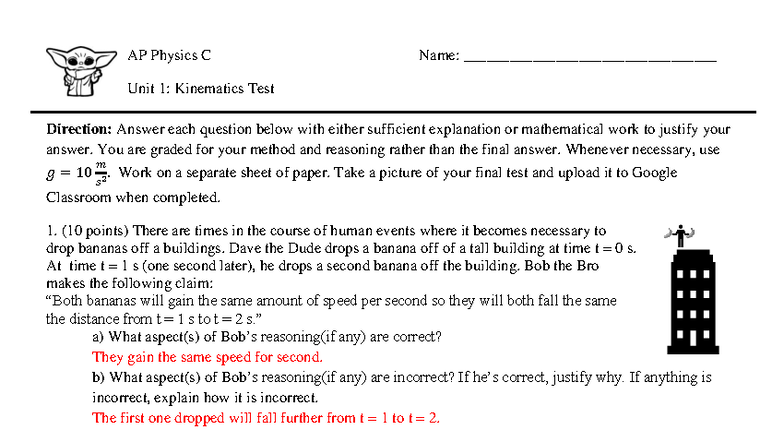 AP Physics C: Unit 1 Kinematics Practice Test 3 Key - Studocu