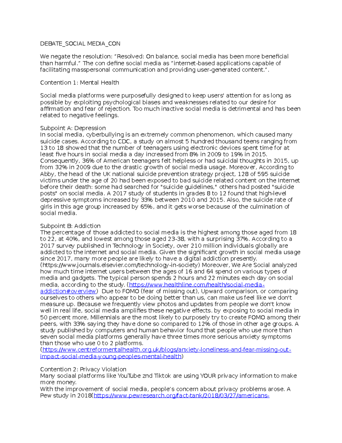 Social Media Debate Case: Con Argument Analysis and Insights - Studocu