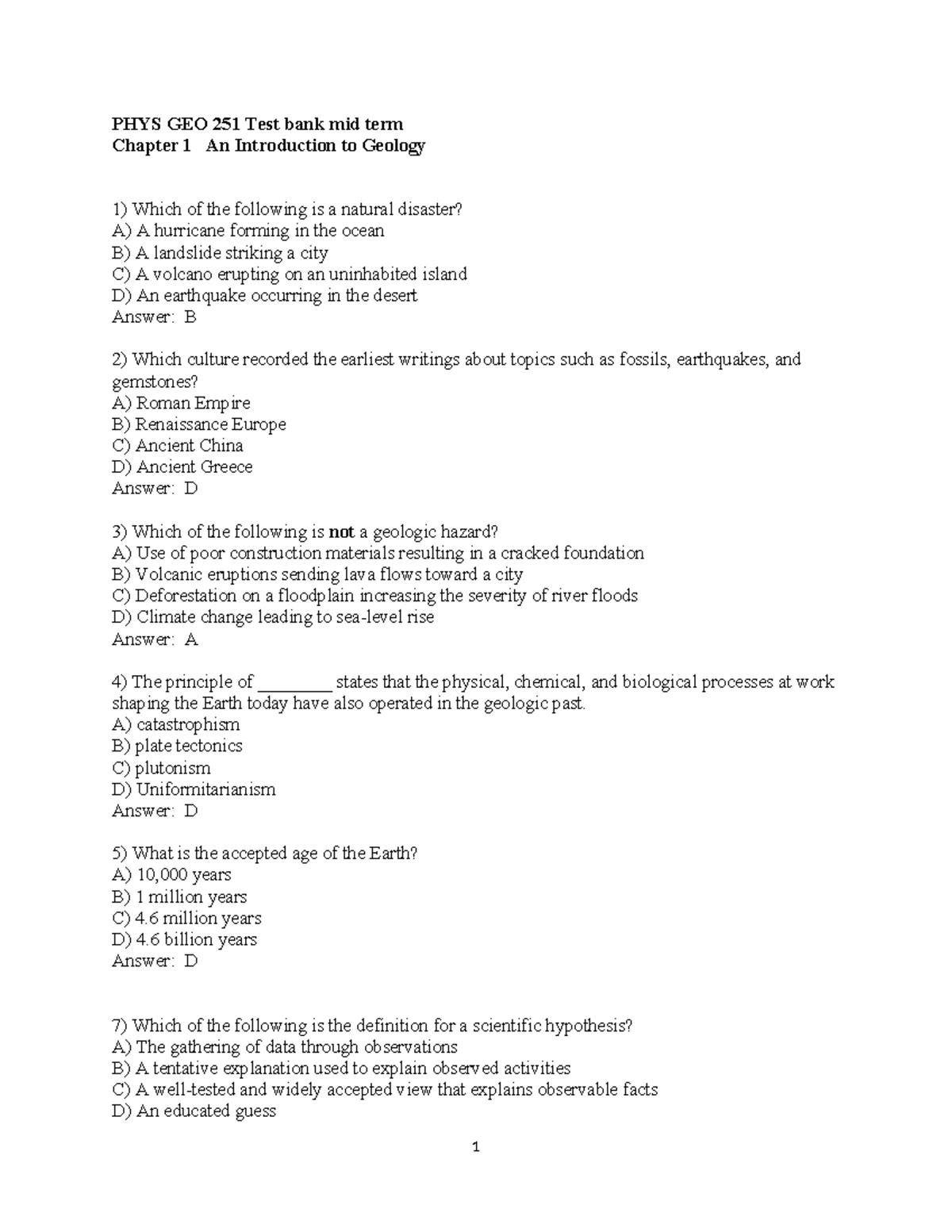PHYS GEO 251 Midterm Test Bank: Geology Concepts and Questions - PHYS ...
