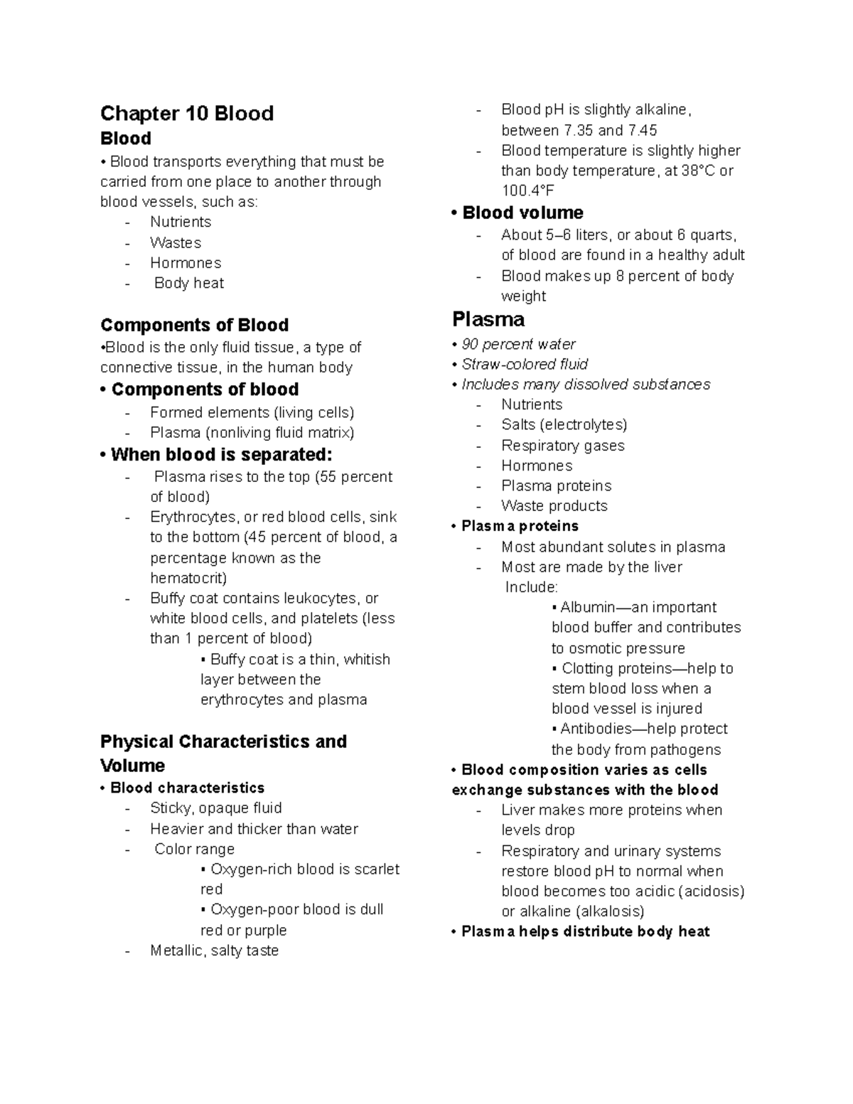 Chapter 10 Blood - Comprehensive Study Notes on Blood Composition and ...