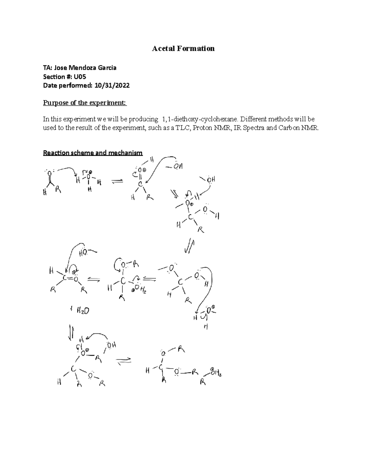 Acetal Formation Lab - Synthesis of 1,1-Diethoxy-Cyclohexane - Studocu