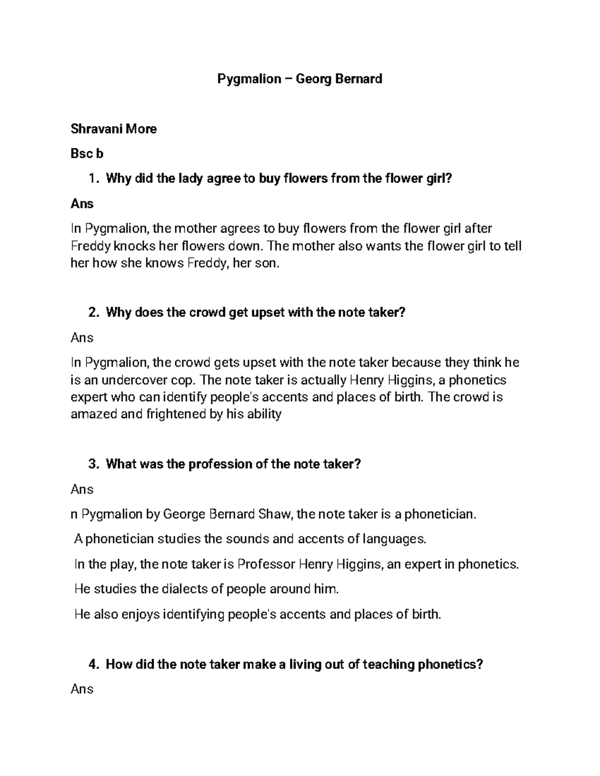 Pygmalion (BScB) Question Answers & Character Analysis Notes - Studocu