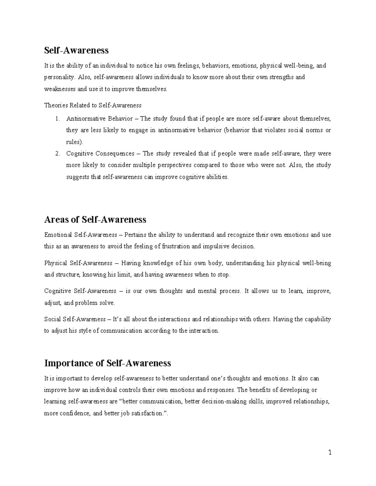 Human resources - Self-Awareness It is the ability of an individual to ...
