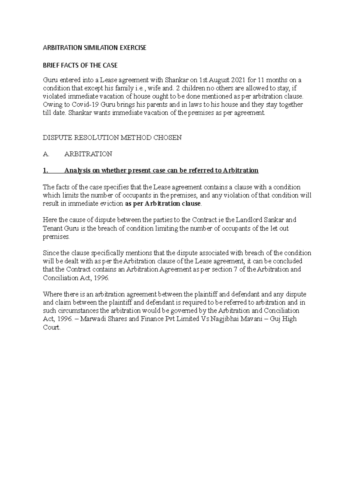 Arbitration Simulation Exercise conducted in college - Meaning, procedure, arguments and award ...