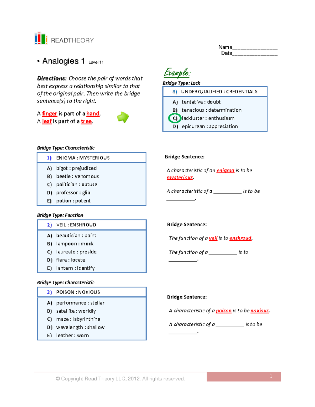 READTHEORY 11 Analogies 1: Word Relationships and Bridge Sentences ...