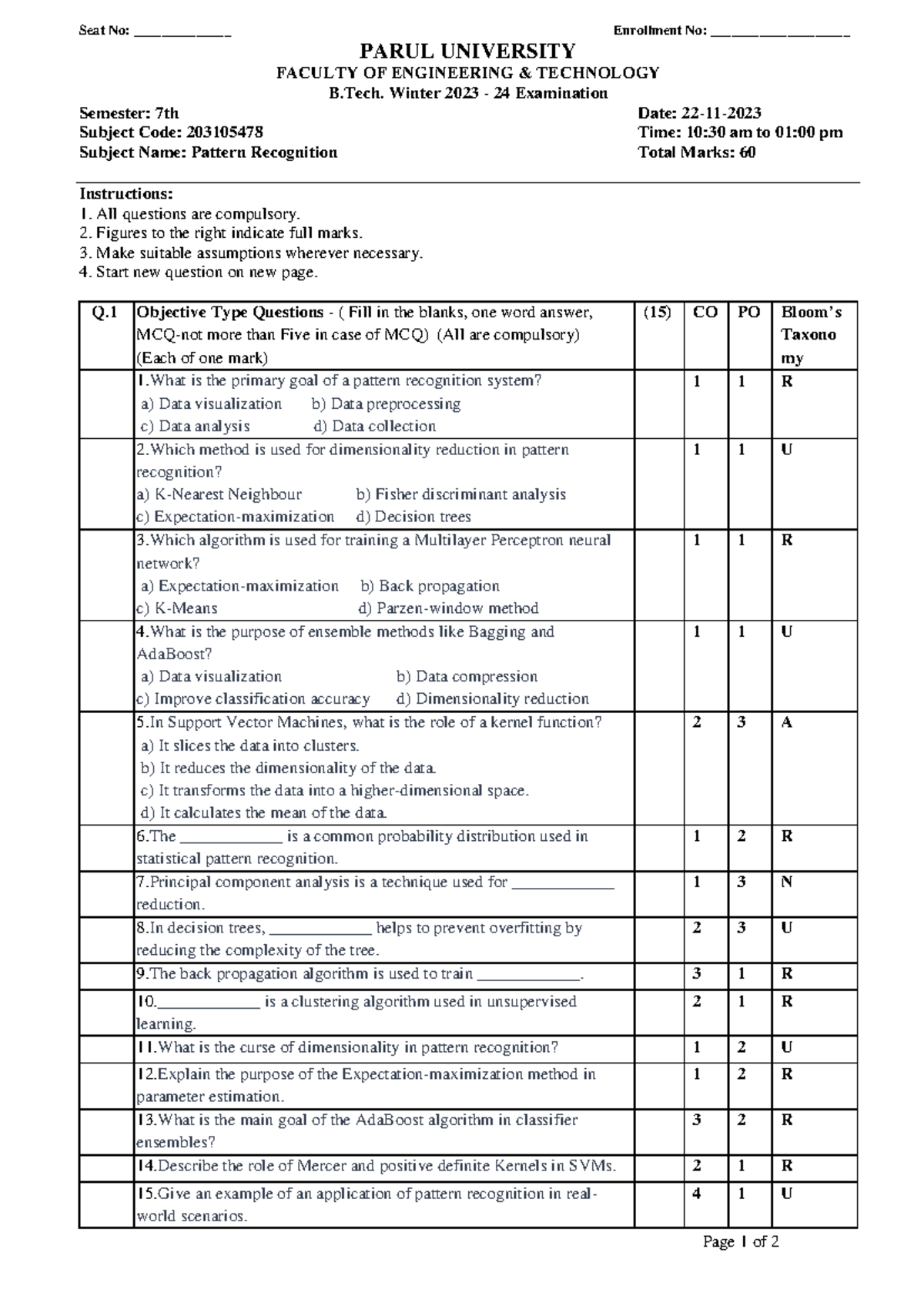 Pattern Recognition Exam QP - B.Tech 203105478 Winter 2023-24 - Studocu