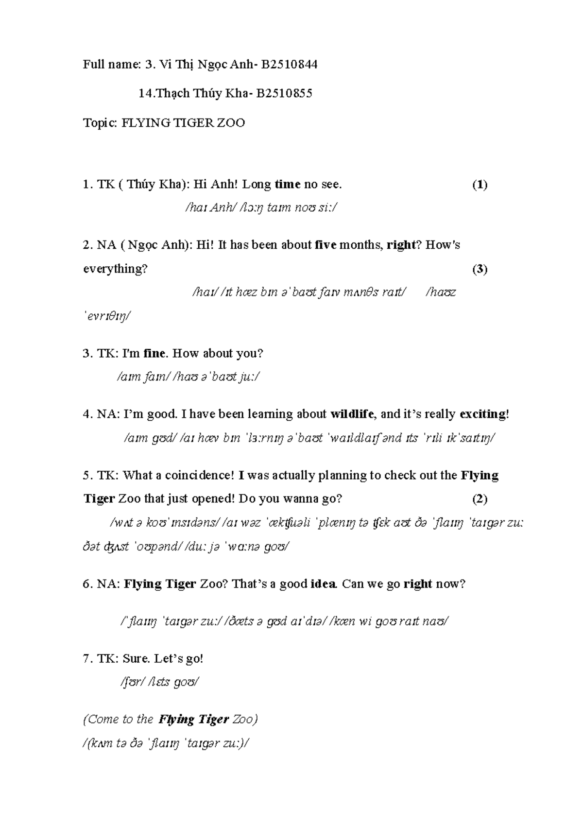 Flying Tiger Zoo Dialogue - TK & NA Interaction - Studocu