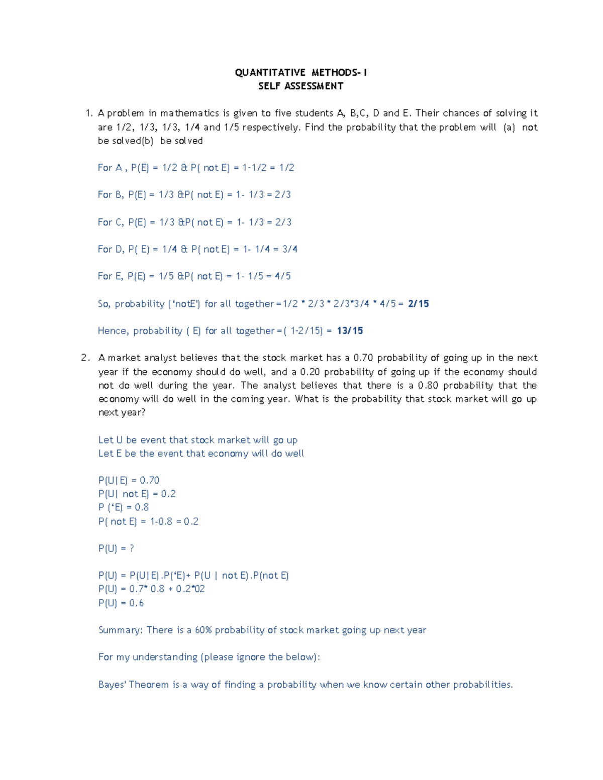 Solutions for probability practice question sheet - QUANTITATIVE METHODS- I SELF ASSESSMENT A ...