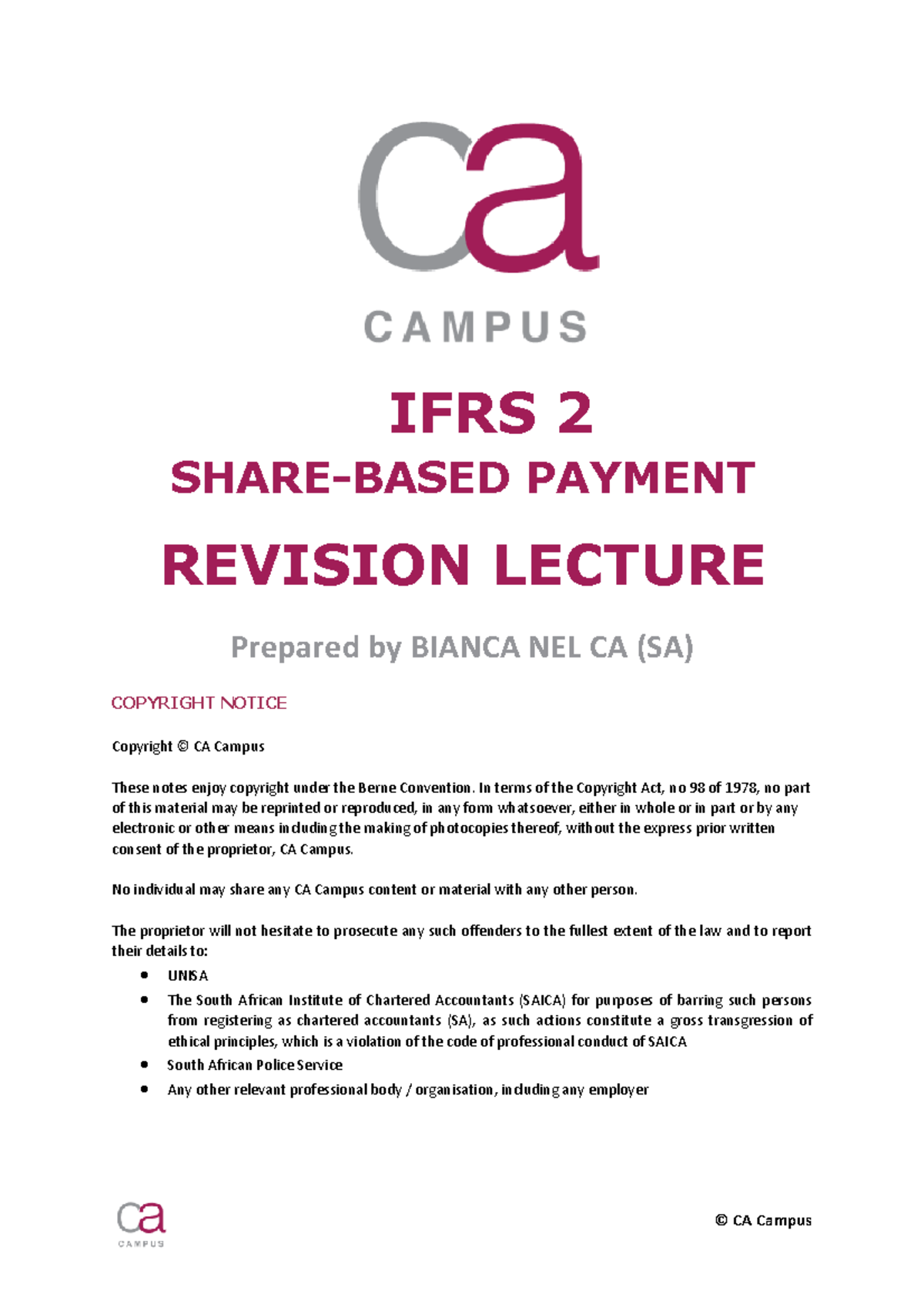 IFRS 2 - Payment Revision Lecture Notes and Examples for CA Students ...