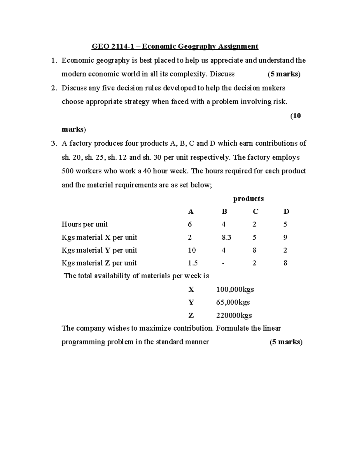 GEO 2114 Economic Geography Assignment: Strategies and LP Problems ...