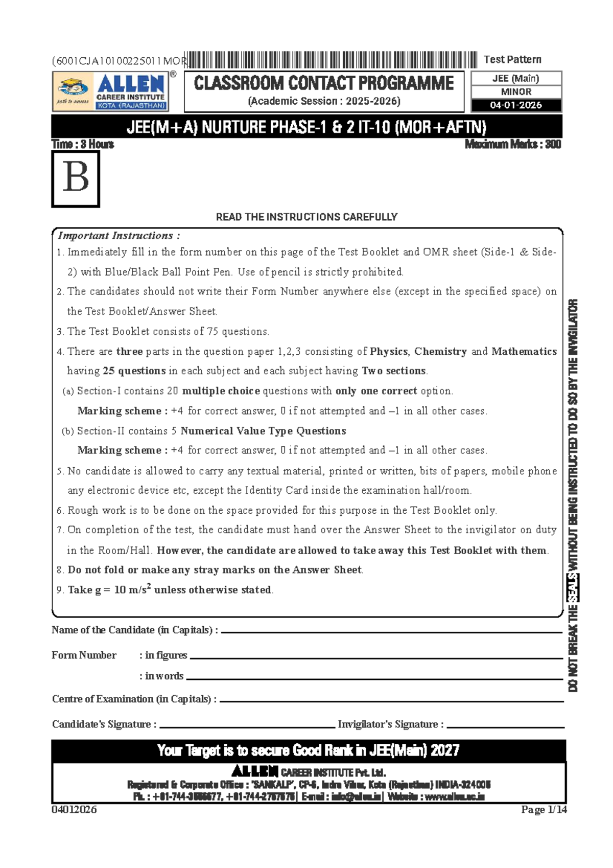 (6001CJA10100225011MOR) JEE (Main) Nurture Phase-1 & 2 Test Pattern SET ...