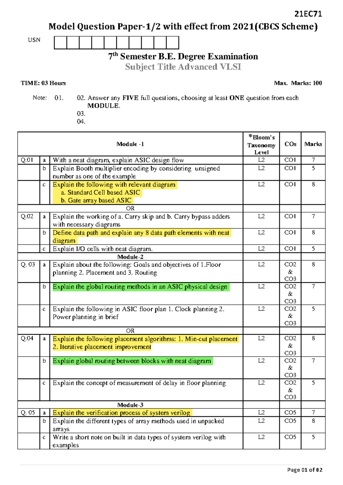 Model Question Paper for 21EC: Advanced VLSI Exam (7th Sem, CBCS) - Studocu