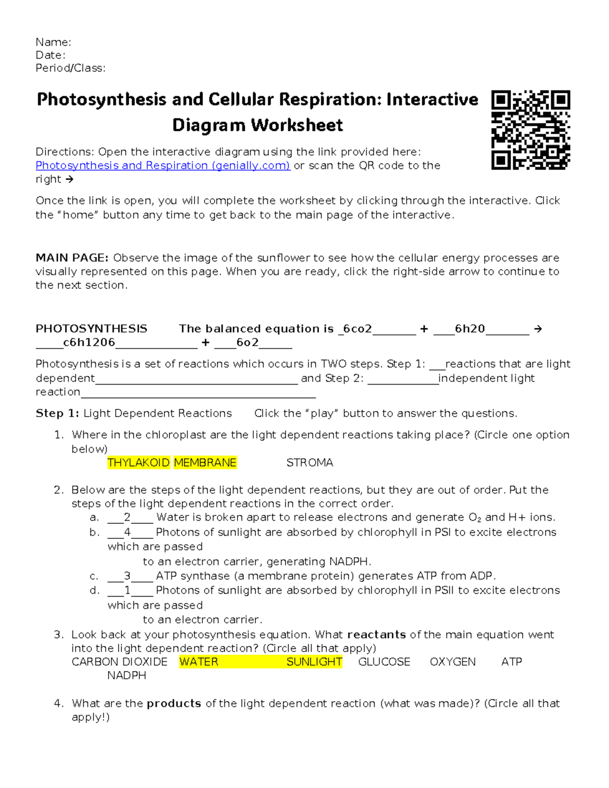 Photosynthesis and Cellular Respiration Webquest Worksheet - Studocu