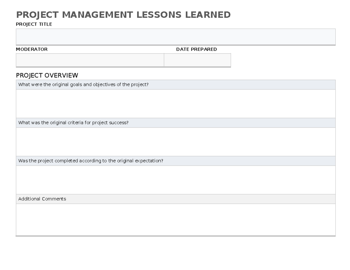 Lessons Learned Document Template - PROJECT MANAGEMENT LESSONS LEARNED ...