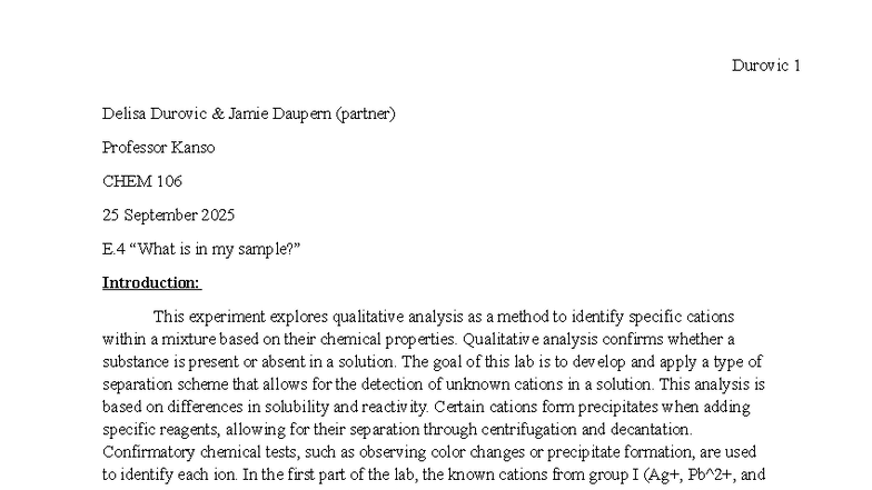 CHEM 106 E4 Lab Report: Qualitative Analysis of Cations - Studocu