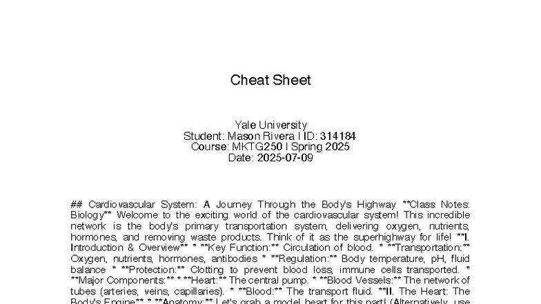 MKTG250 Spring 2025: Cardiovascular System Cheat Sheet - Studocu