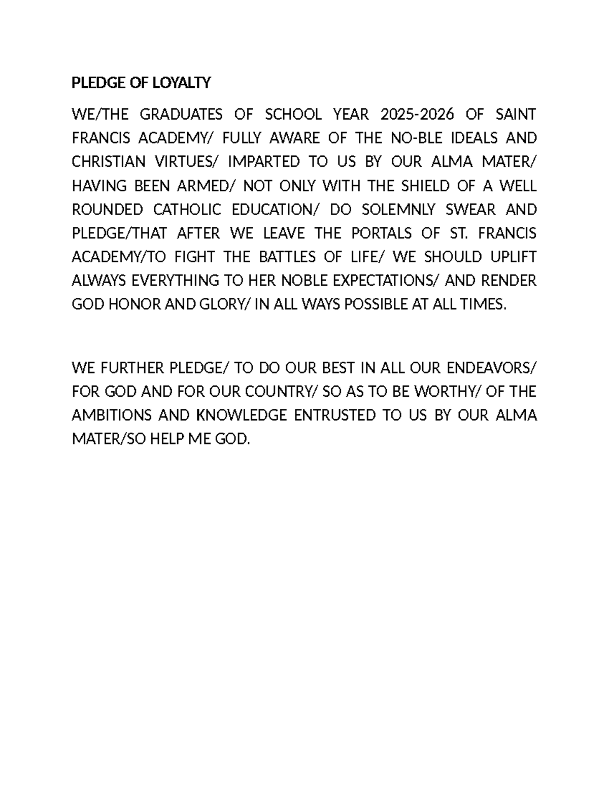 Pledge of Loyalty - Graduates of St. Francis School Year - Studocu