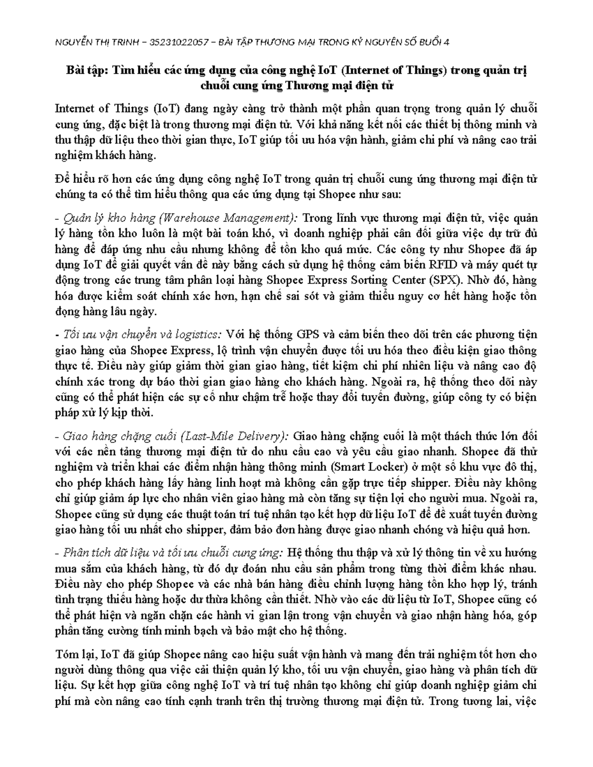 Bài Tập 4: Ứng Dụng IoT Trong Quản Trị Chuỗi Cung Ứng Thương Mại - Studocu