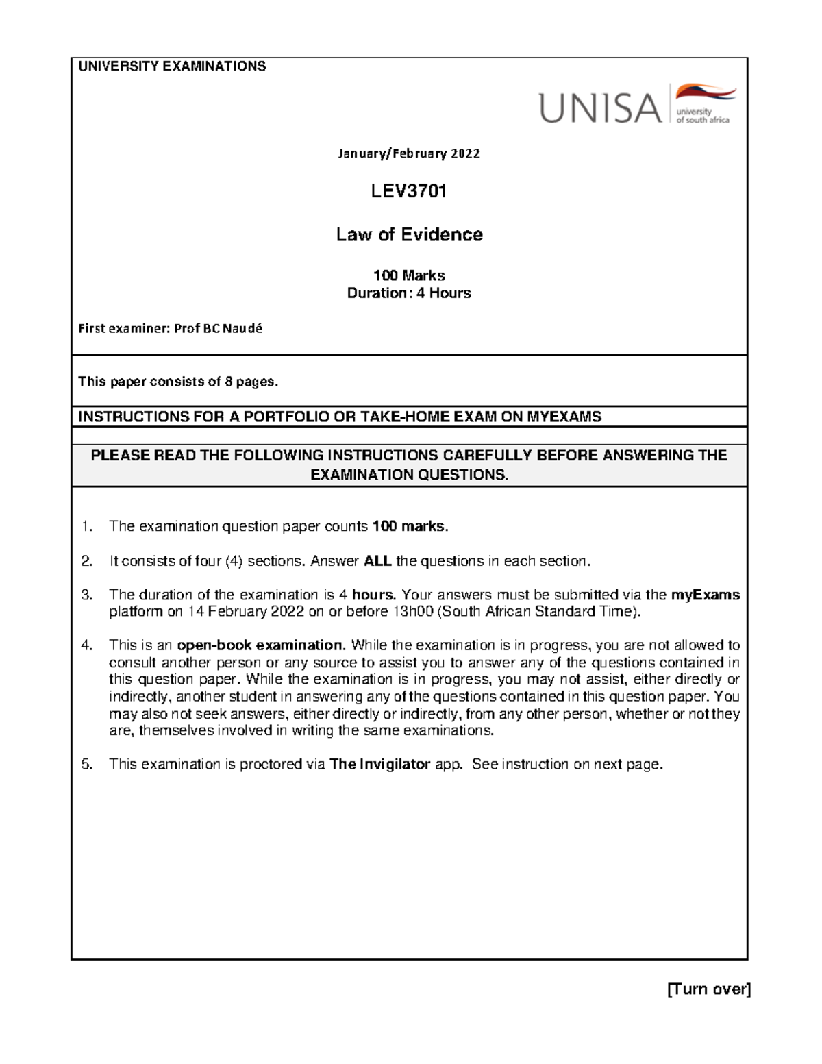 LEV3701 Jan/Feb 2022 - Law of Evidence Take-Home Exam Instructions ...