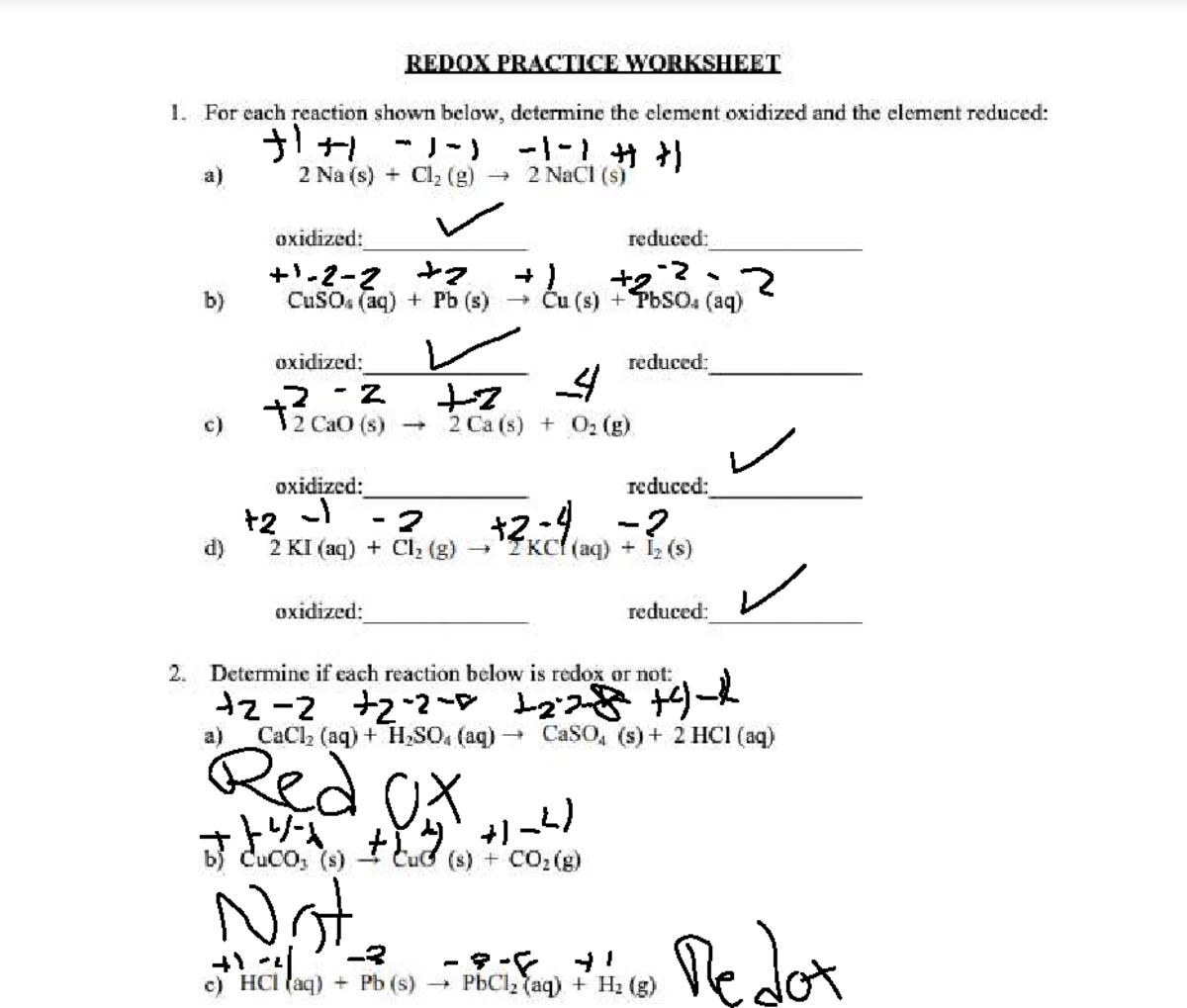 REDOX PRACTICE WORKSHEET 1: Oxidation and Reduction Analysis - Studocu