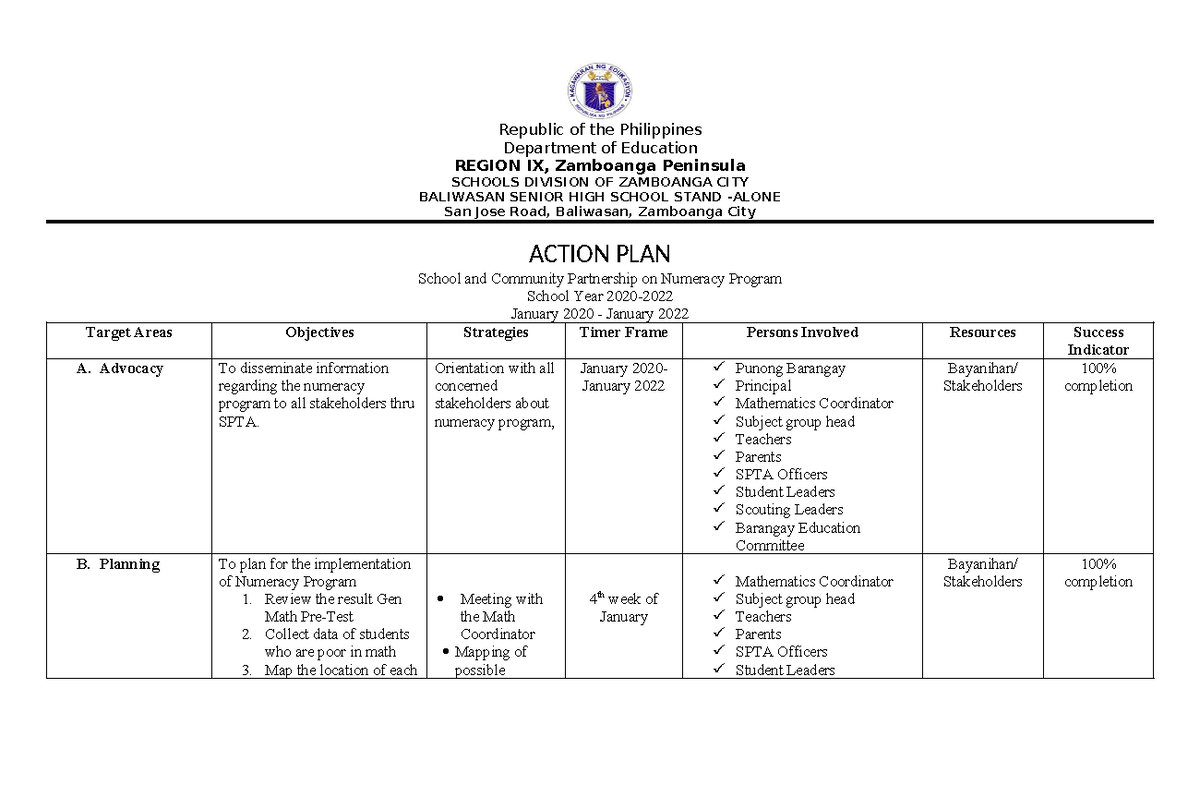 Action PLAN- Numeracy - Handouts - Republic of the Philippines ...