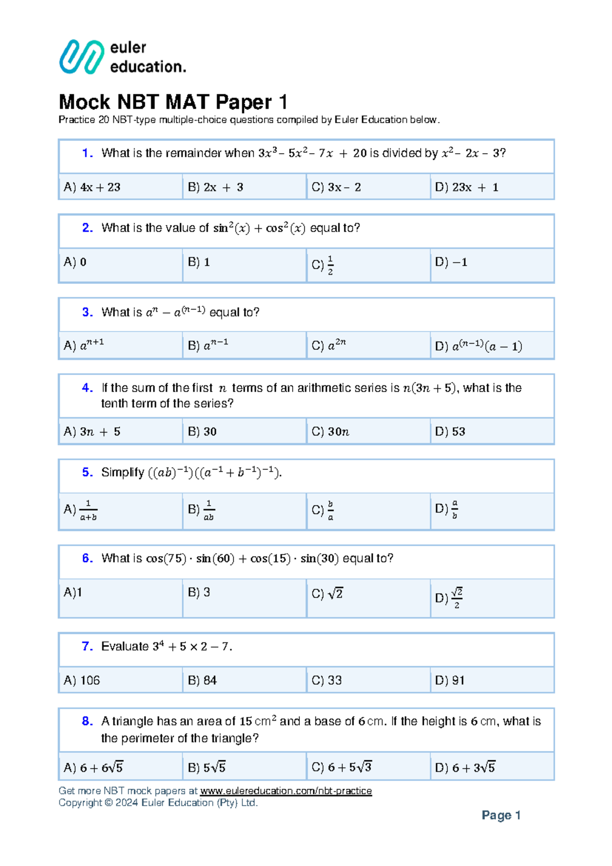 NBT MAT Paper 1 - Get more NBT mock papers at eulereducation/nbt ...