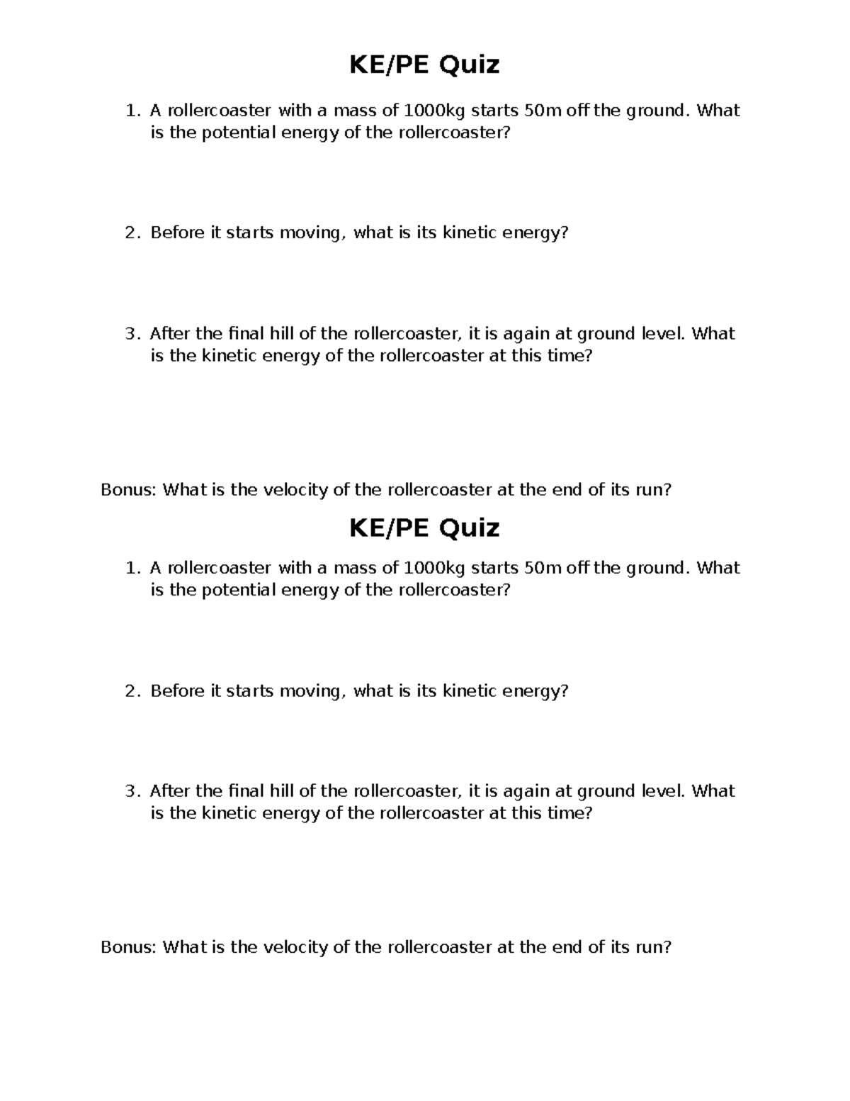 KE-PE Quiz: Potential and Kinetic Energy Calculations - Studocu