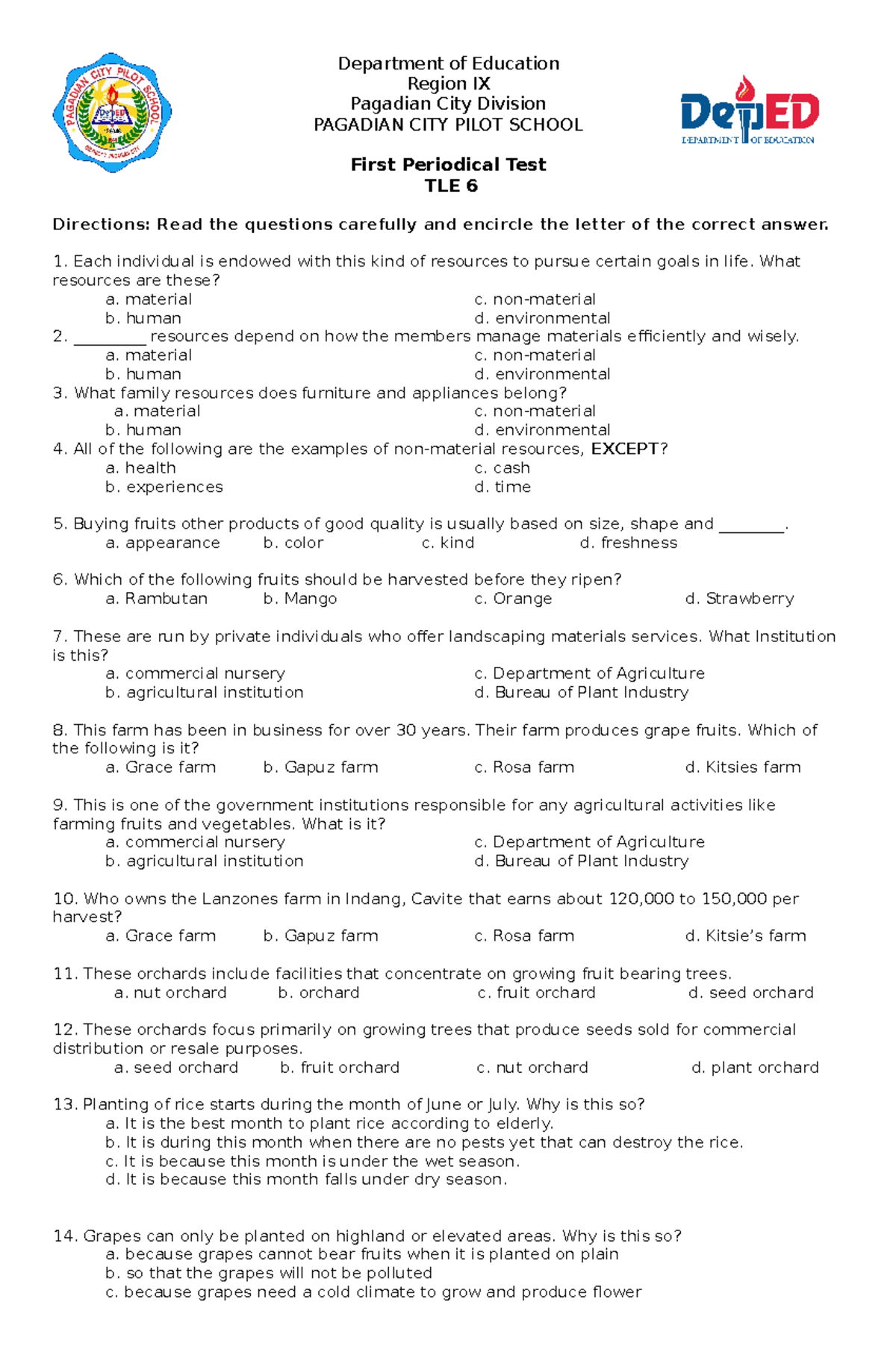 First-Quarter-Exam-in-TLE-6 with answer - Department of Education ...