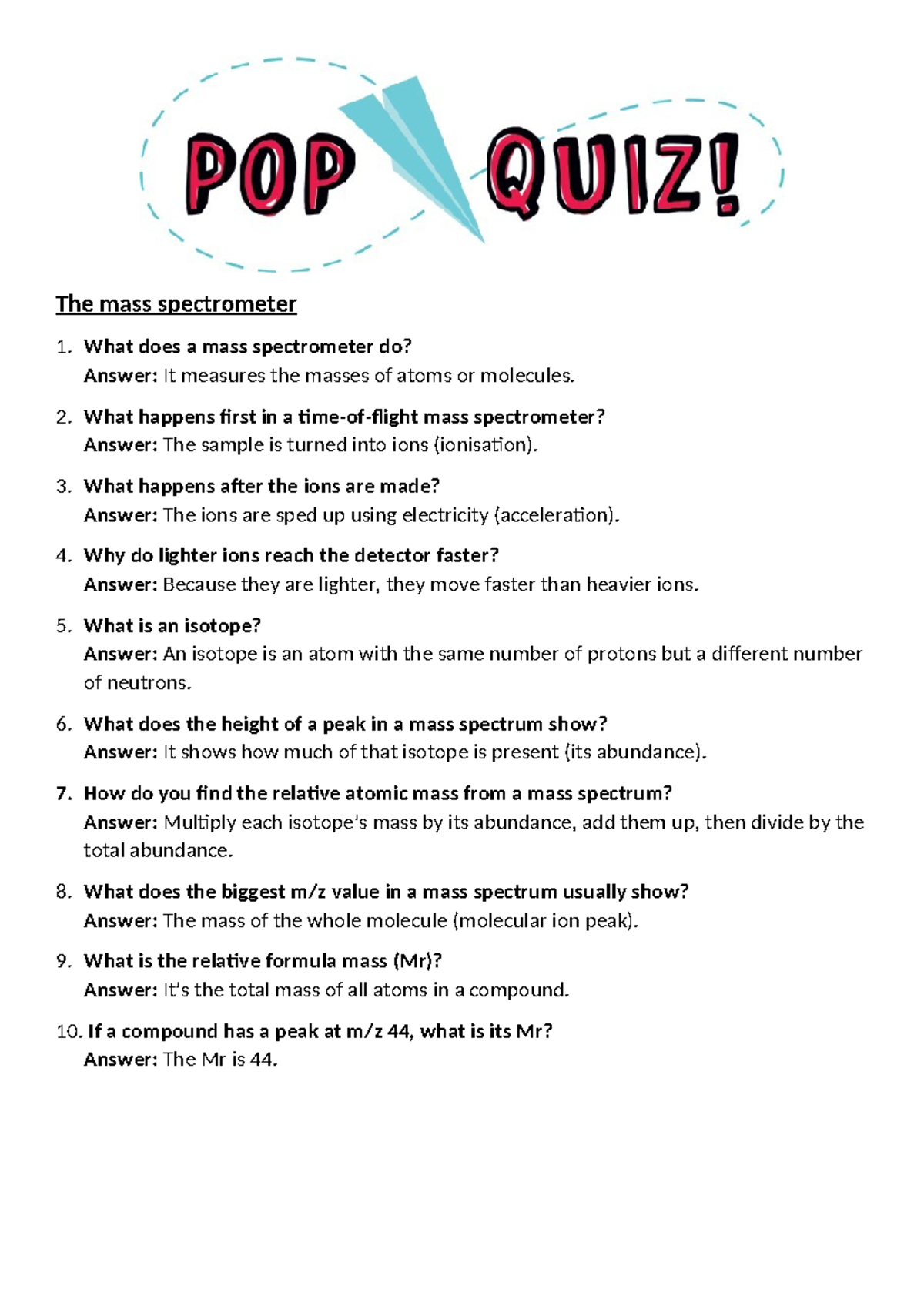Pop Quiz 3: Understanding the Mass Spectrometer - Studocu