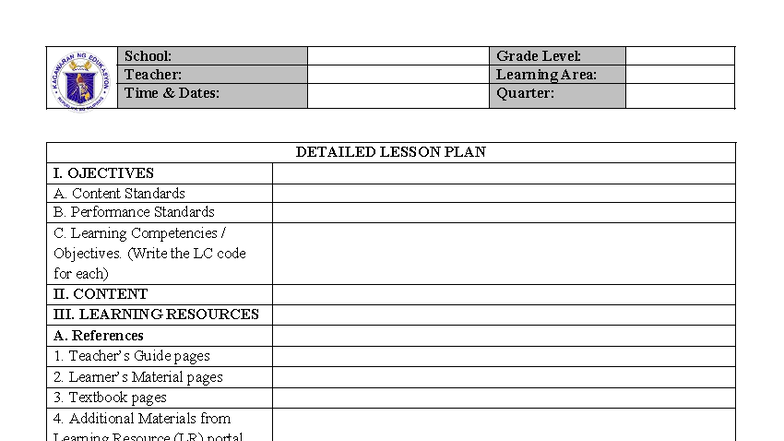 DLP Format - English: Detailed Lesson Plan Template - Studocu