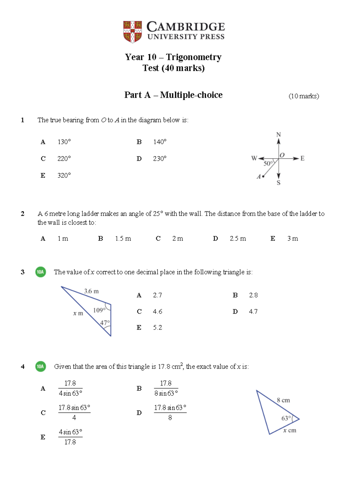 Year 10 Trigonometry Test - Chapter 4 Review Questions and Answers ...