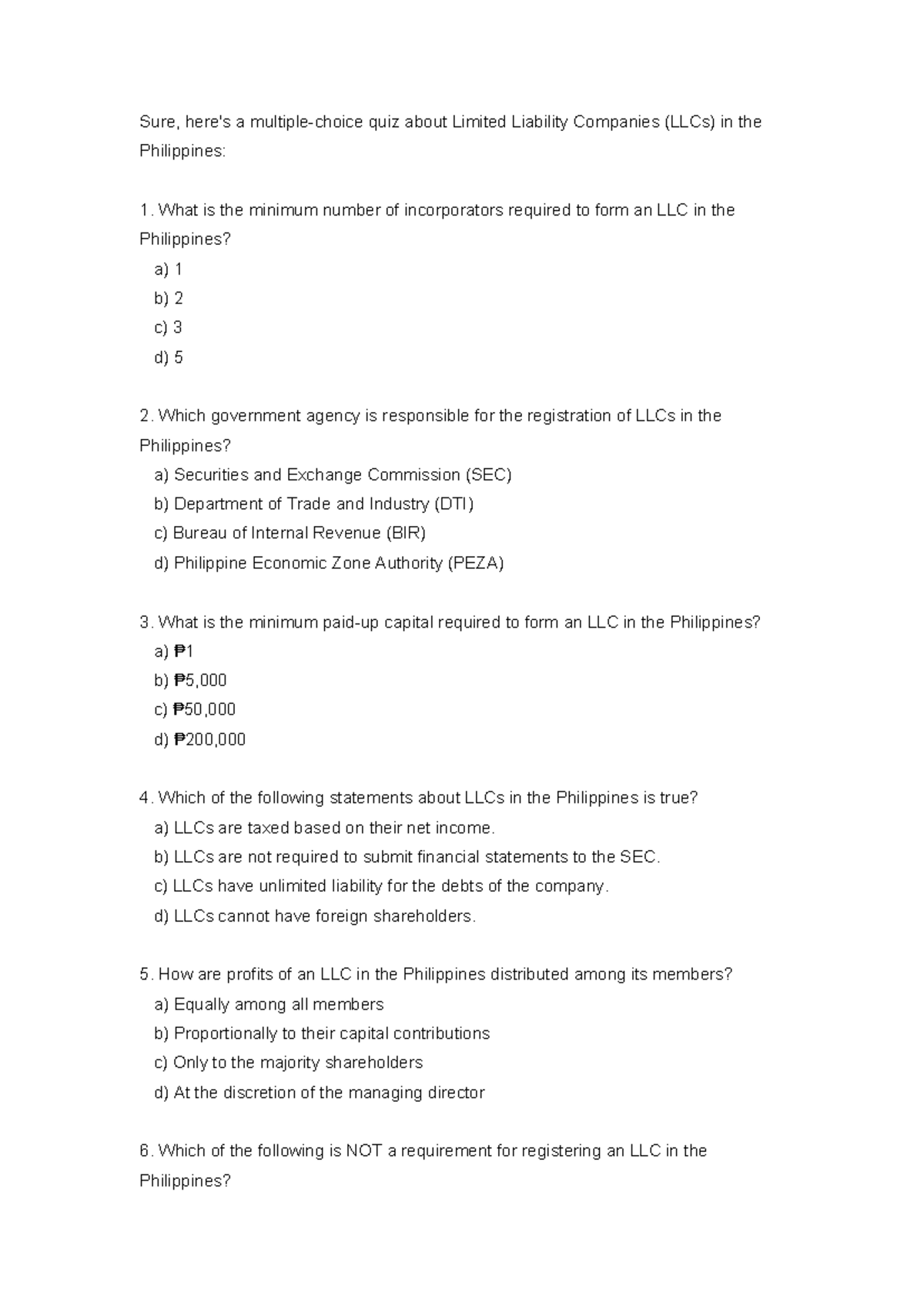LLC Quiz 2: Understanding Limited Liability Companies in the ...