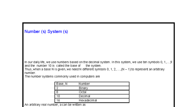 CS603 Numerical Analysis - Number (s) System (s) In our daily life, we ...