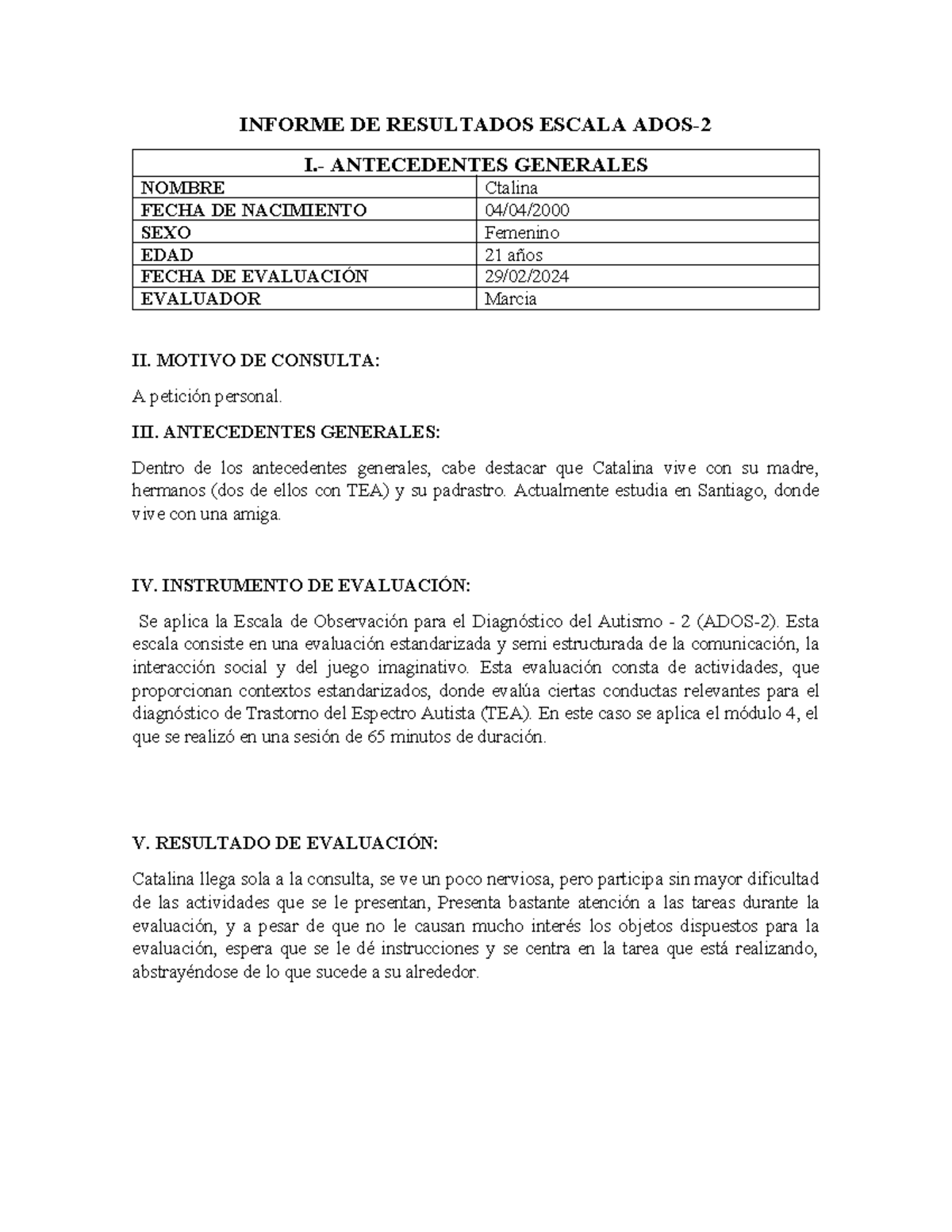 Informe Catalina 2 - Test Ados 2 para identificar autismo - INFORME DE ...
