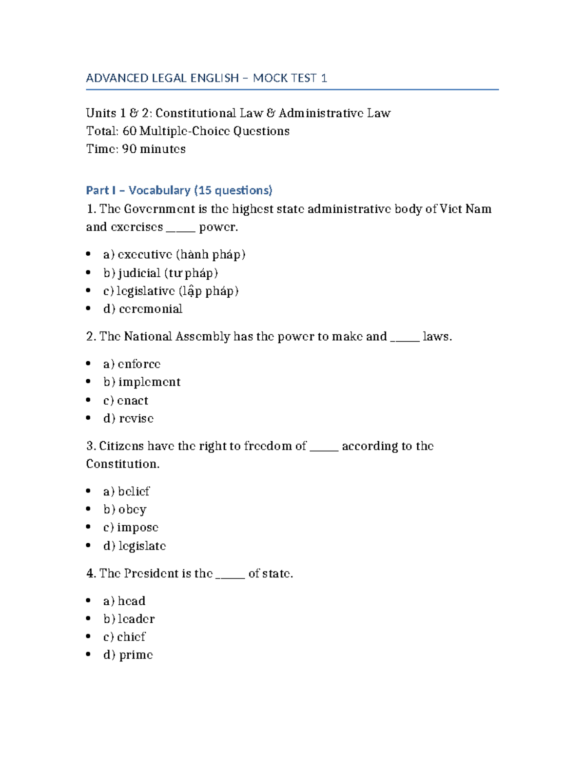 Mock Test 1: Constitutional & Administrative Law (ADVANCED LEGAL ...