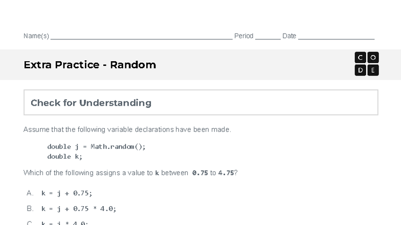 CSA Extra Practice: Random Check for Understanding - Studocu