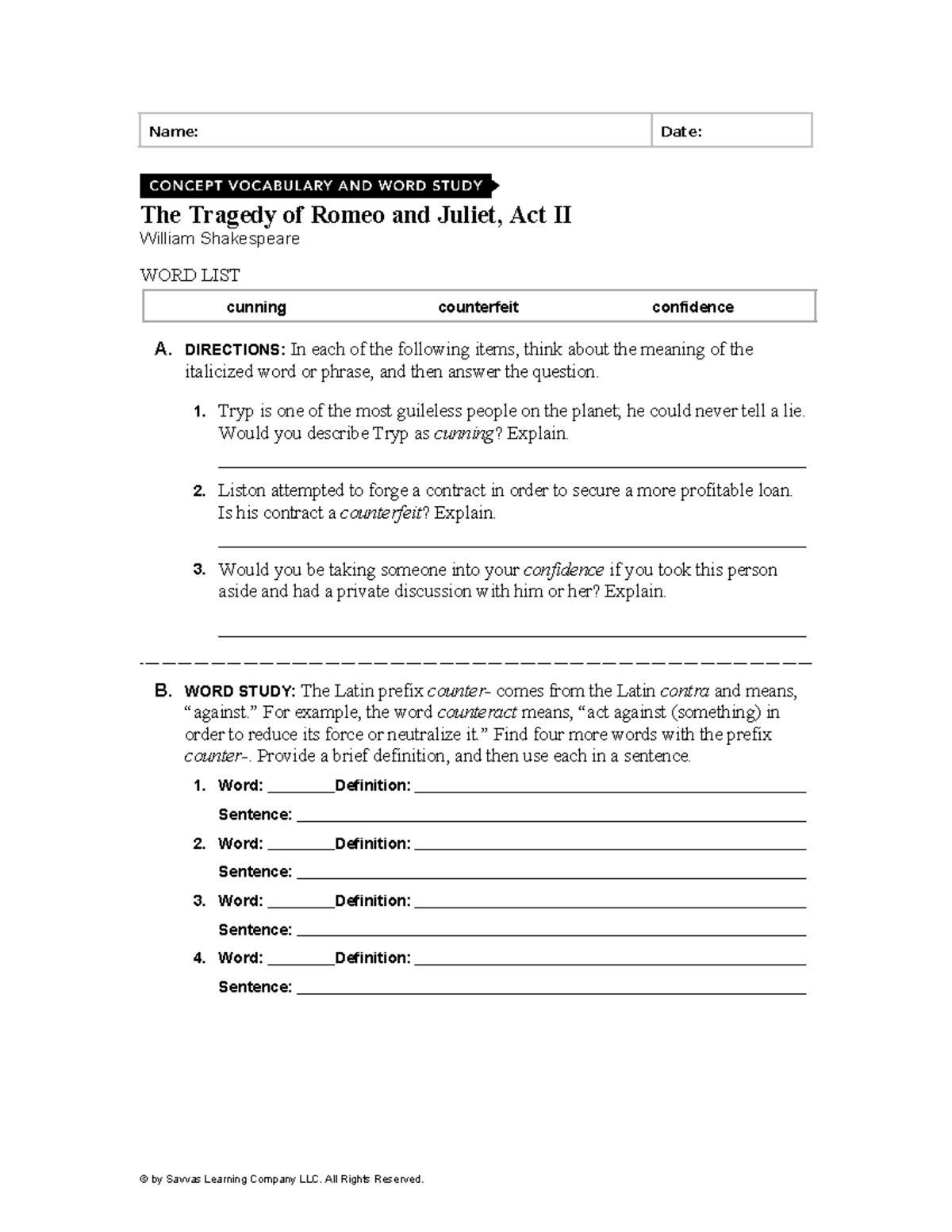 Romeo 2: Act II Vocabulary Worksheet and Word Study - Studocu