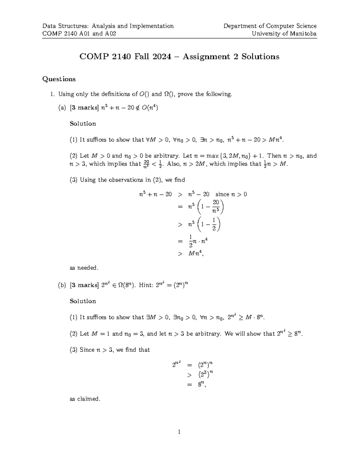 COMP2140 A2 Fall2024 sol - COMP 2140 A01 and A University of Manitoba COMP 2140 Fall 2024 ...