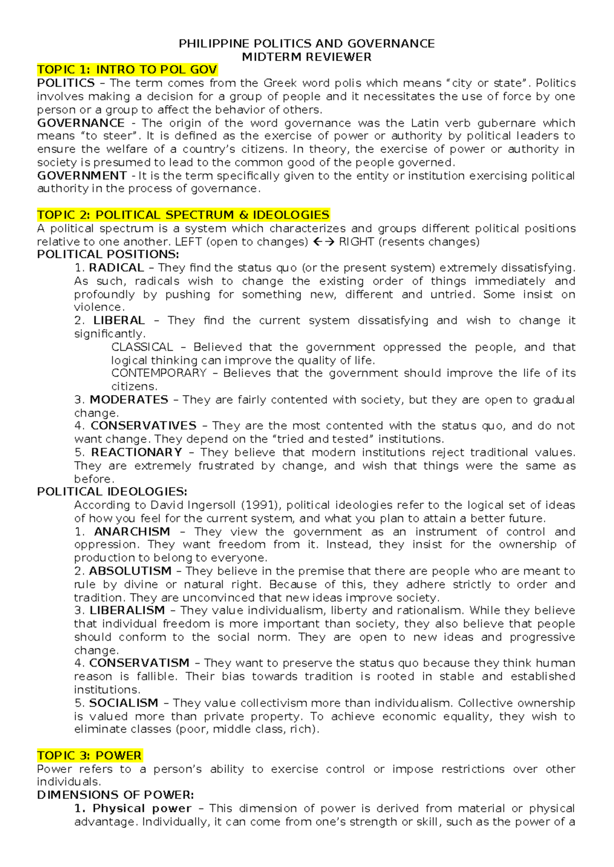 Pol Gov Midterm Reviewer: Key Concepts in Philippine Politics - Studocu