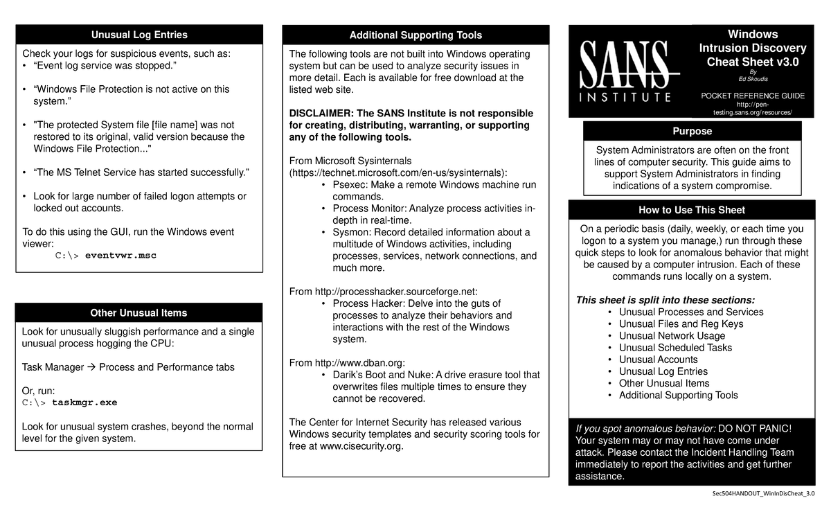 Sec504: Windows Intrusion Discovery Cheat Sheet v3.0 - Studocu
