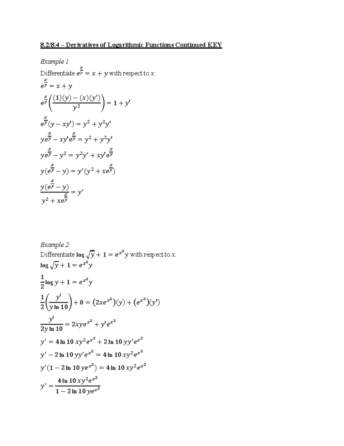 Math 31: Exponent and Log Derivatives Examples (8.2-8.4) - Studocu